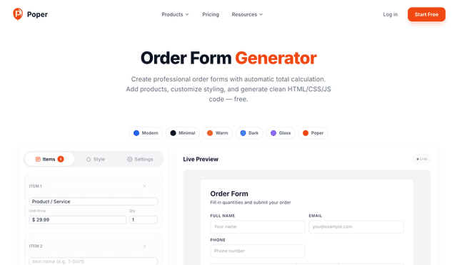 Free Order Form Generator with Total Calculator | Poper